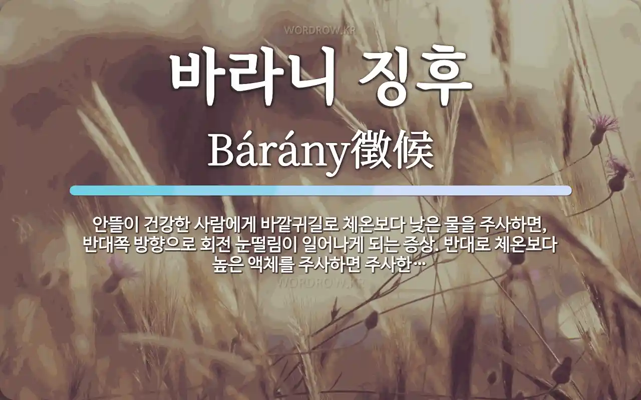 바라니 징후 뜻: 안뜰이 건강한 사람에게 바깥귀길로 체온보다 낮은 물을 주사하면, 반대쪽 방향으로 회전 눈떨