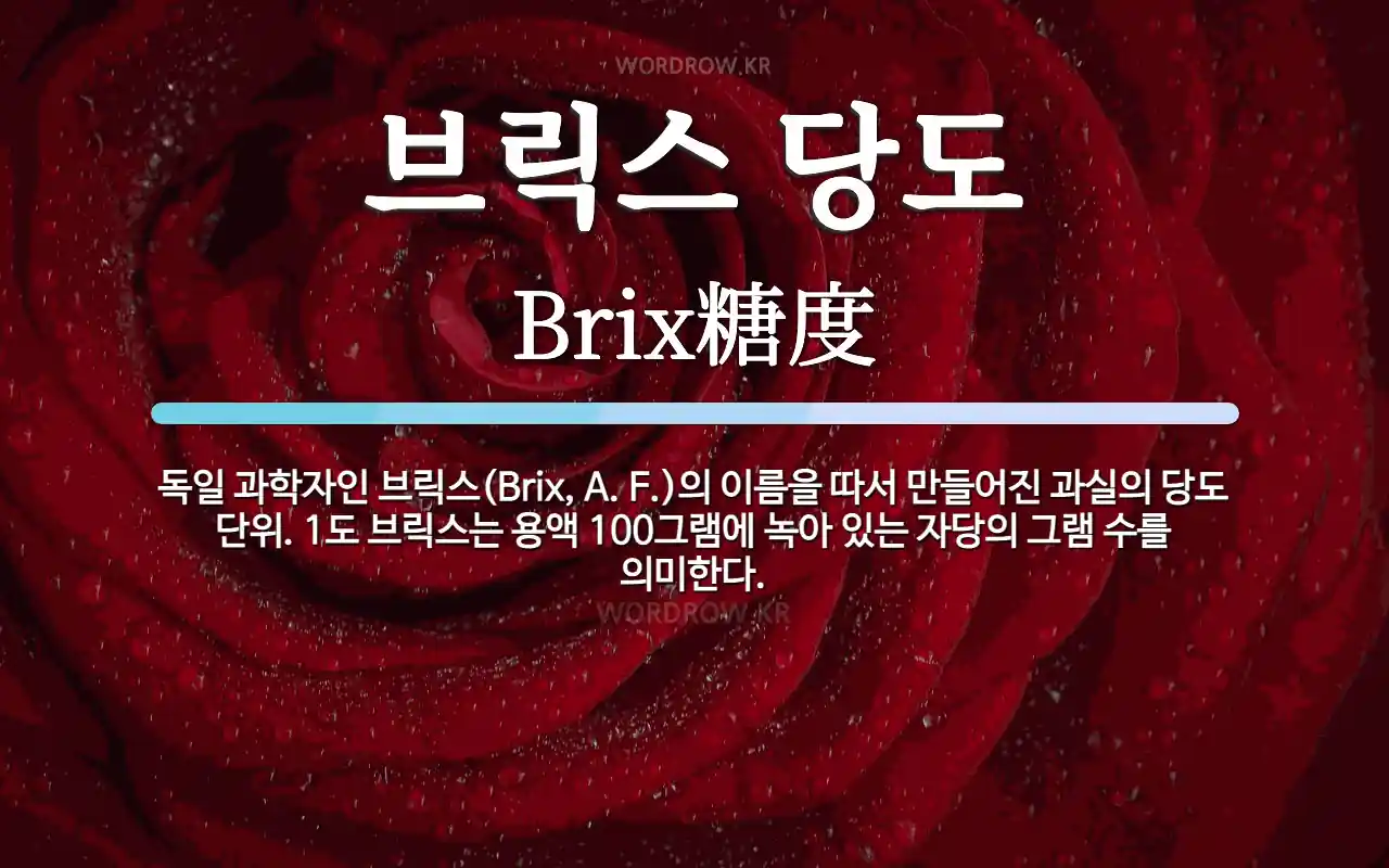 브릭스 당도 뜻: 독일 과학자인 브릭스(Brix, A. F.)의 이름을 따서 만들어진 과실의 당도 단위. 1