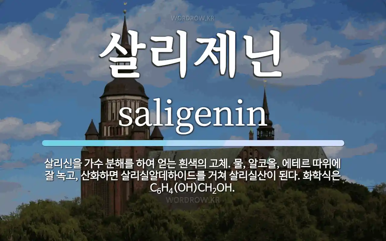 살리제닌 뜻: 살리신을 가수 분해를 하여 얻는 흰색의 고체. 물, 알코올, 에테르 따위에 잘 녹고, 산화