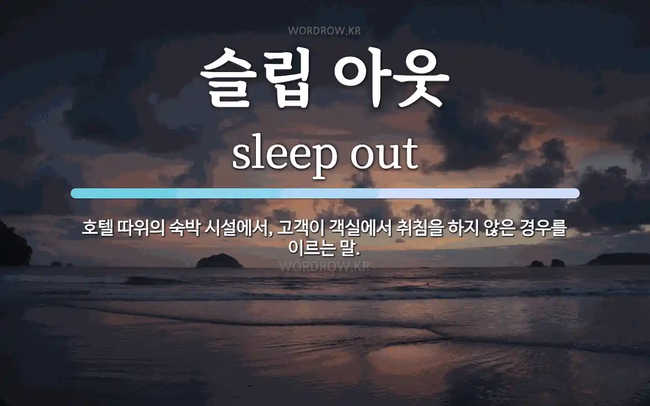 슬립 아웃 뜻: 호텔 따위의 숙박 시설에서, 고객이 객실에서 취침을 하지 않은 경우를 이르는 말.