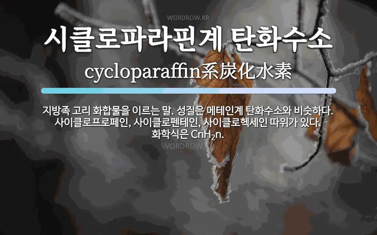 시클로파라핀계 탄화수소 뜻: 지방족 고리 화합물을 이르는 말. 성질은 메테인계 탄화수소와 비슷하다. 사이클로프로페인,