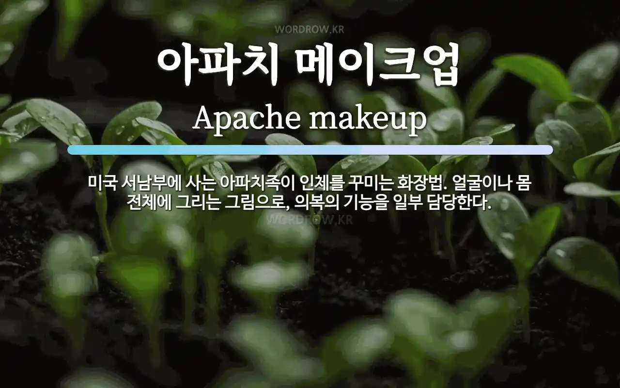 아파치 메이크업 뜻: 미국 서남부에 사는 아파치족이 인체를 꾸미는 화장법. 얼굴이나 몸 전체에 그리는 그림으로,