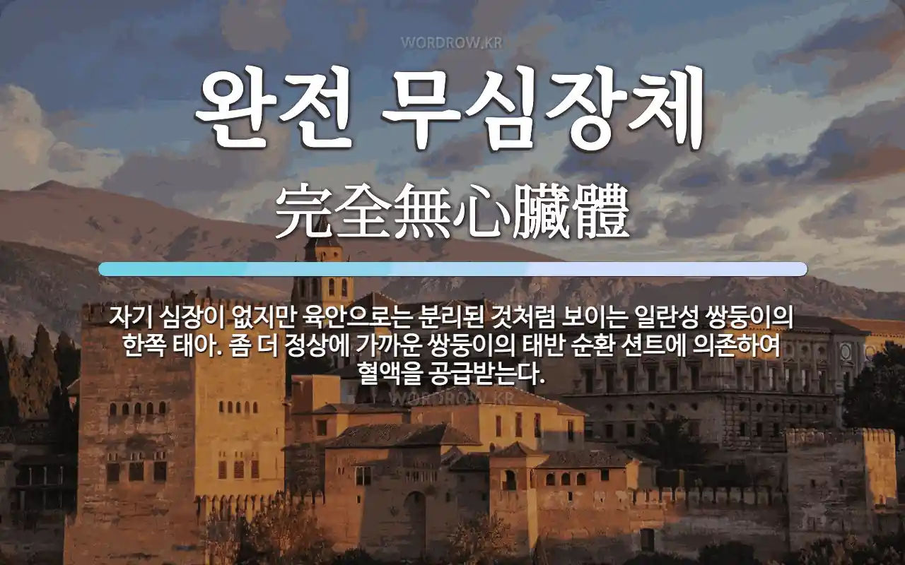 완전 무심장체 뜻: 자기 심장이 없지만 육안으로는 분리된 것처럼 보이는 일란성 쌍둥이의 한쪽 태아. 좀 더 정