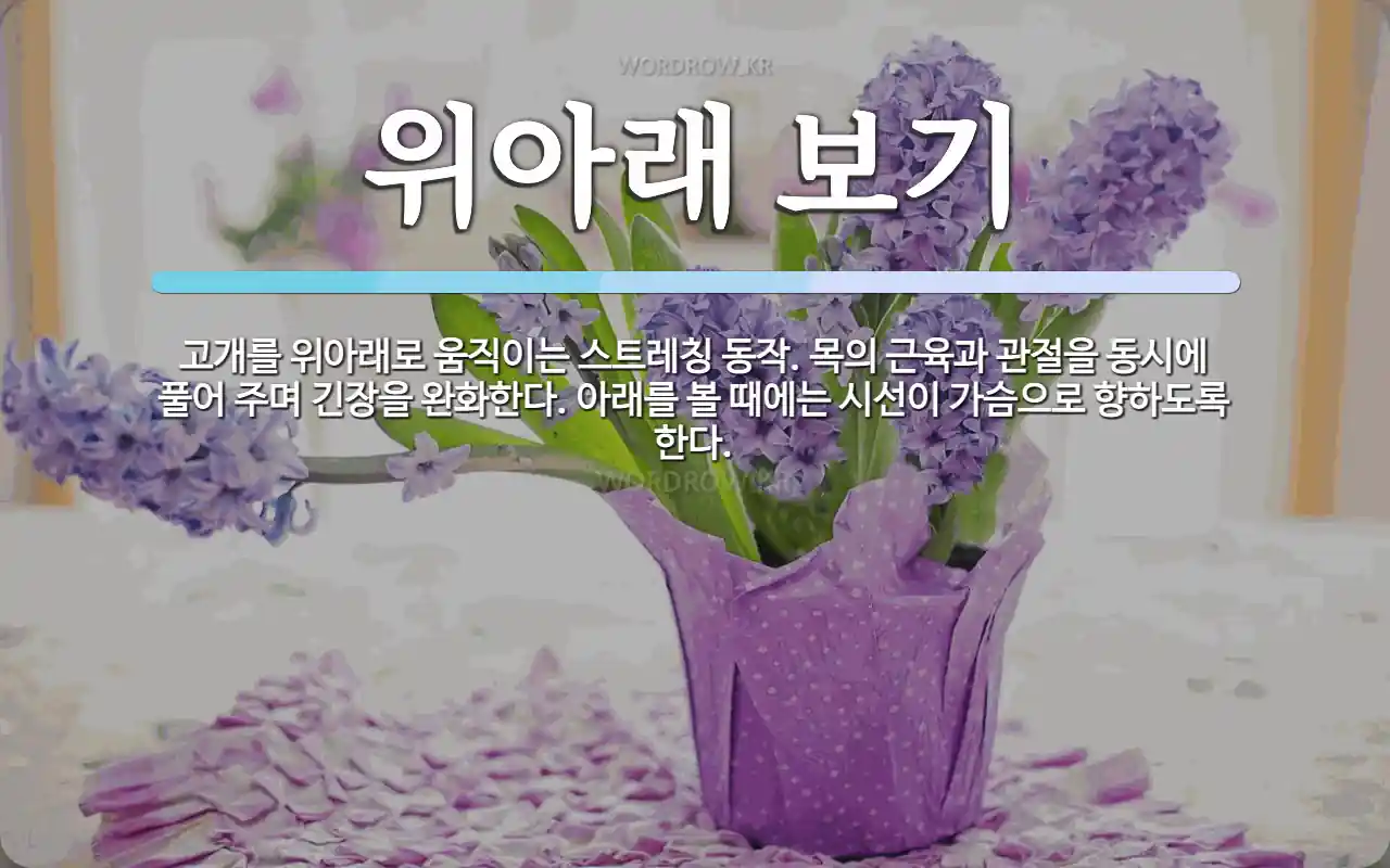 위아래 보기 뜻: 고개를 위아래로 움직이는 스트레칭 동작. 목의 근육과 관절을 동시에 풀어 주며 긴장을 완화