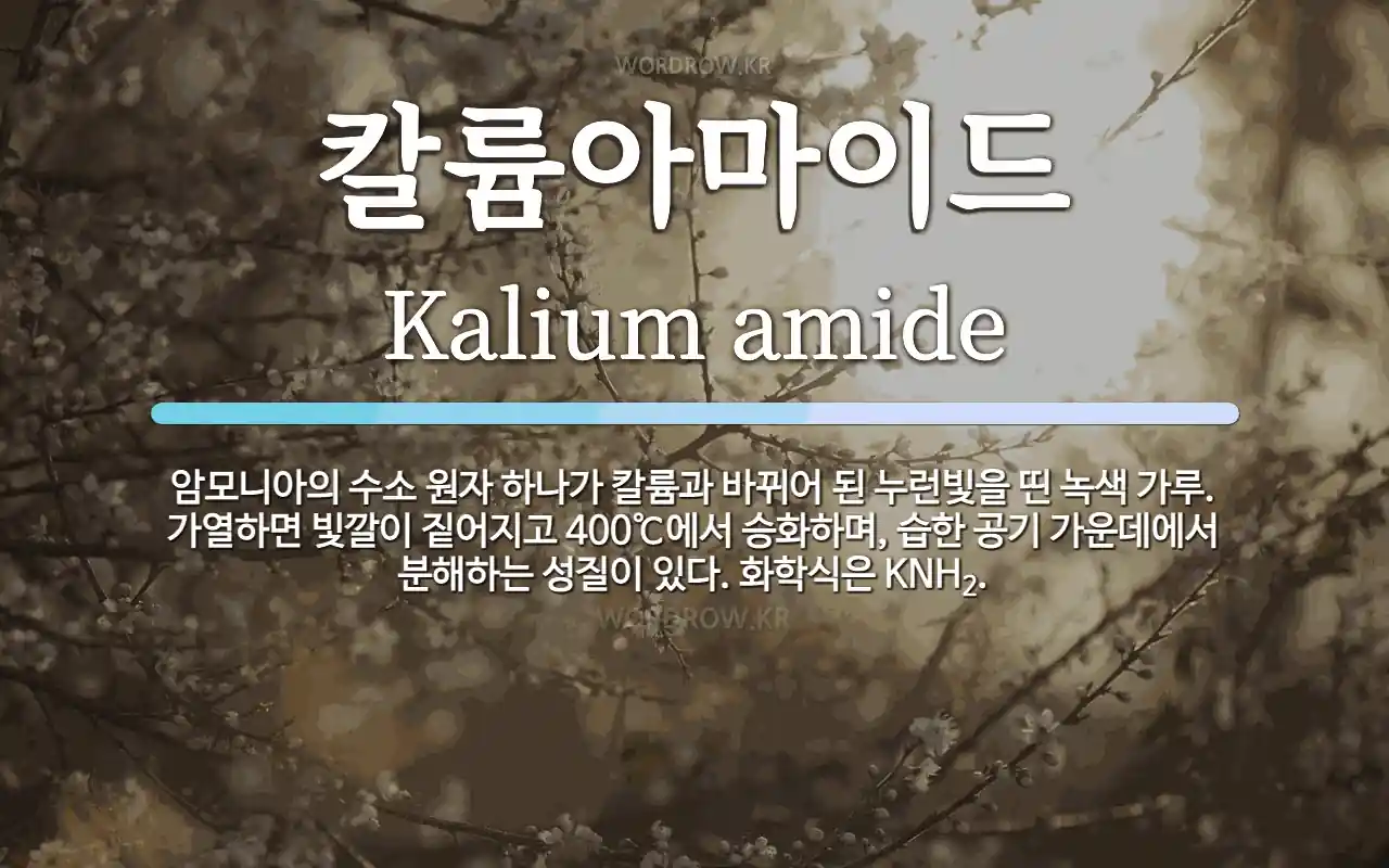 칼륨아마이드 뜻: 암모니아의 수소 원자 하나가 칼륨과 바뀌어 된 누런빛을 띤 녹색 가루. 가열하면 빛깔이 짙