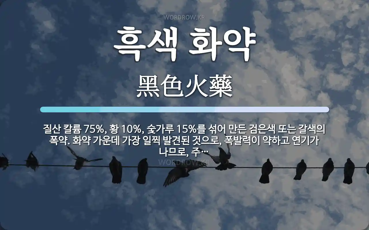 흑색 화약 뜻: 질산 칼륨 75%, 황 10%, 숯가루 15%를 섞어 만든 검은색 또는 갈색의 폭약. 화약