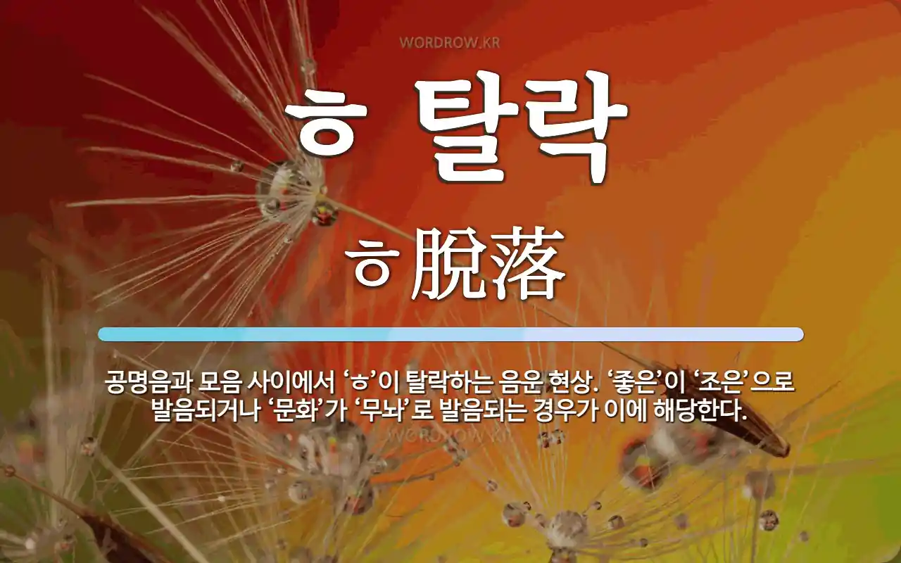 ㅎ 탈락 뜻 공명음과 모음 사이에서 ‘ㅎ이 탈락하는 음운 현상 ‘좋은이 ‘조은으로 발음되거나