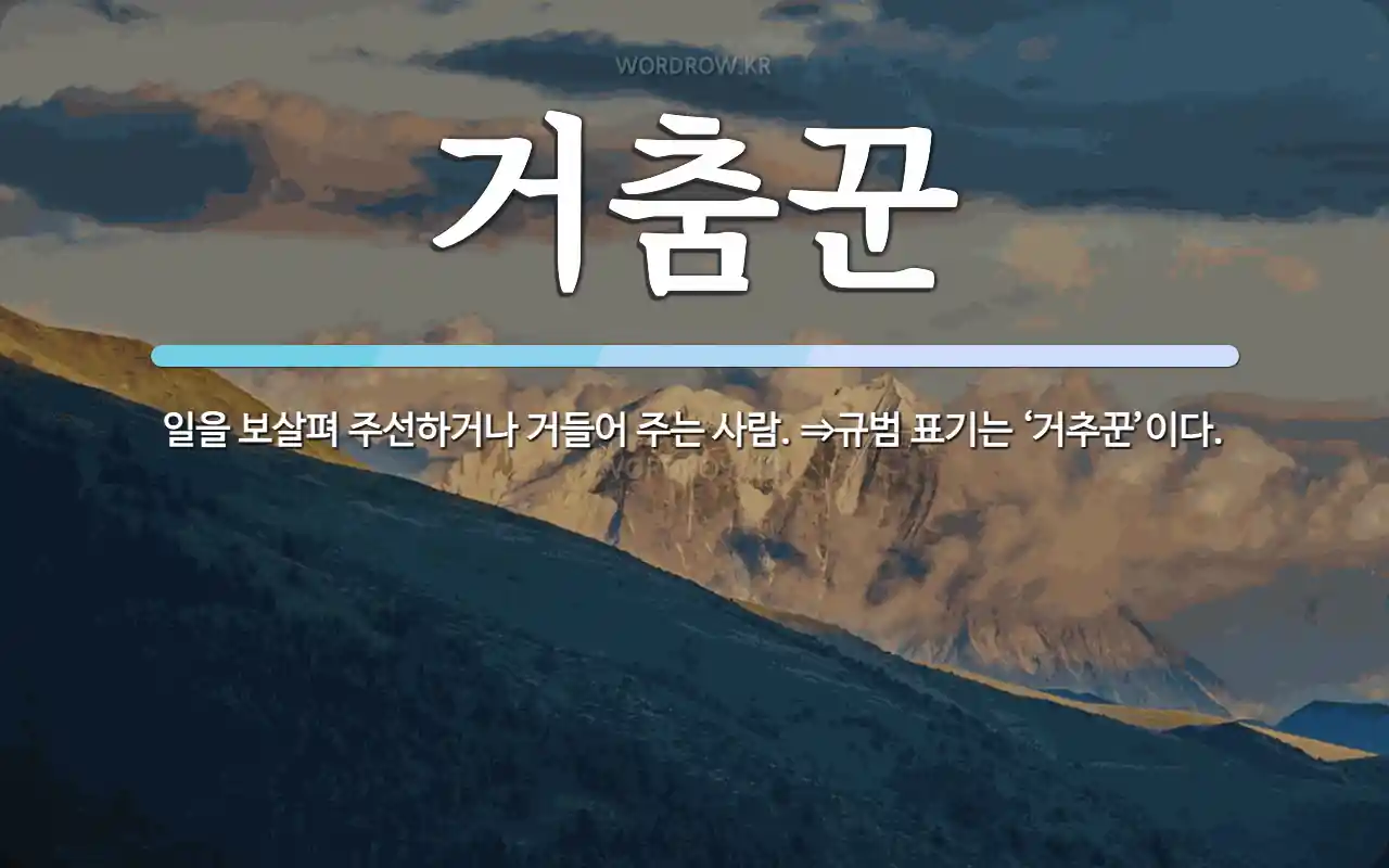 거춤꾼 뜻 일을 보살펴 주선하거나 거들어 주는 사람 ⇒규범 표기는 ‘거추꾼이다
