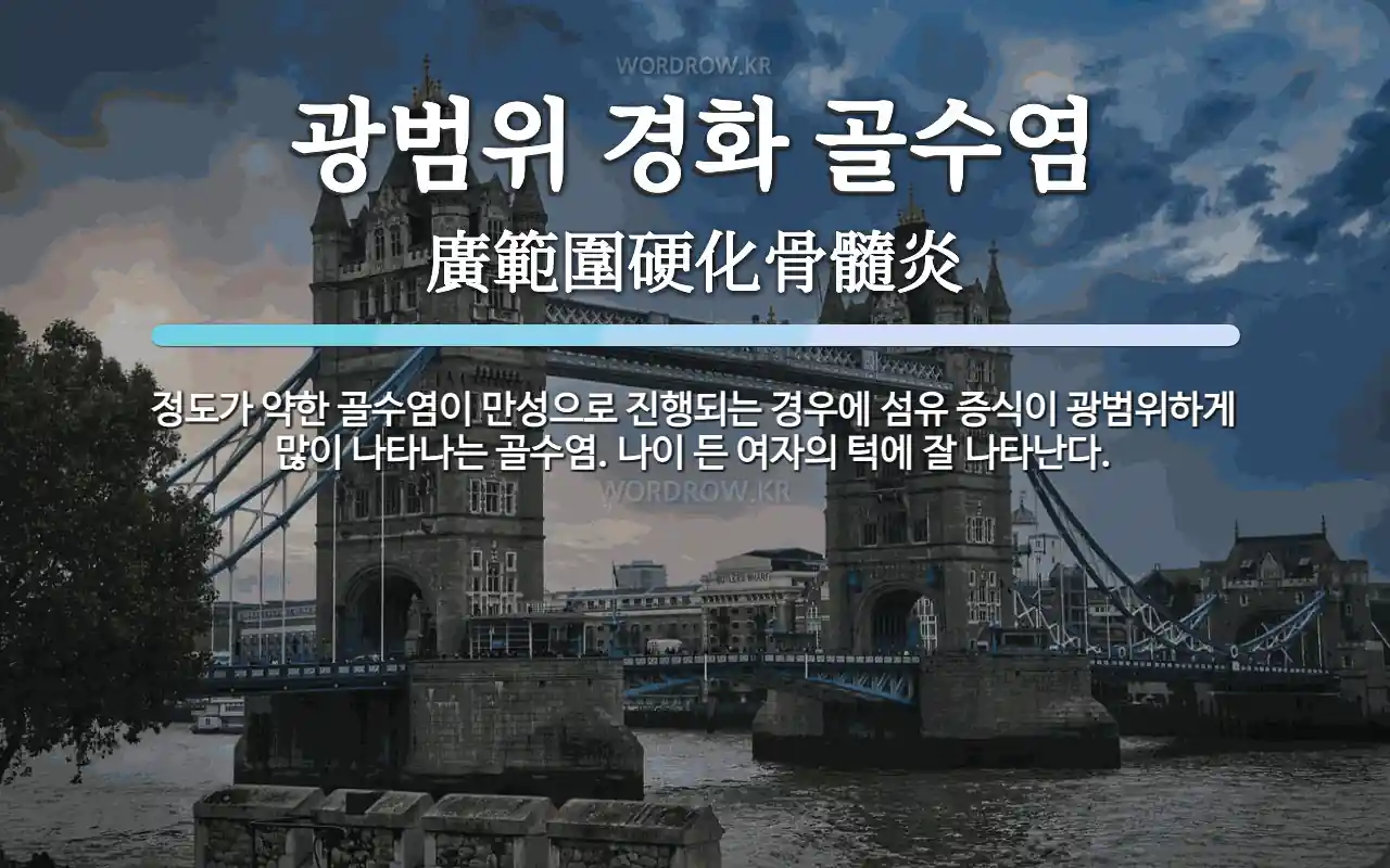 광범위 경화 골수염 뜻 정도가 약한 골수염이 만성으로 진행되는 경우에 섬유 증식이 광범위하게 많이 나타나는 골수염