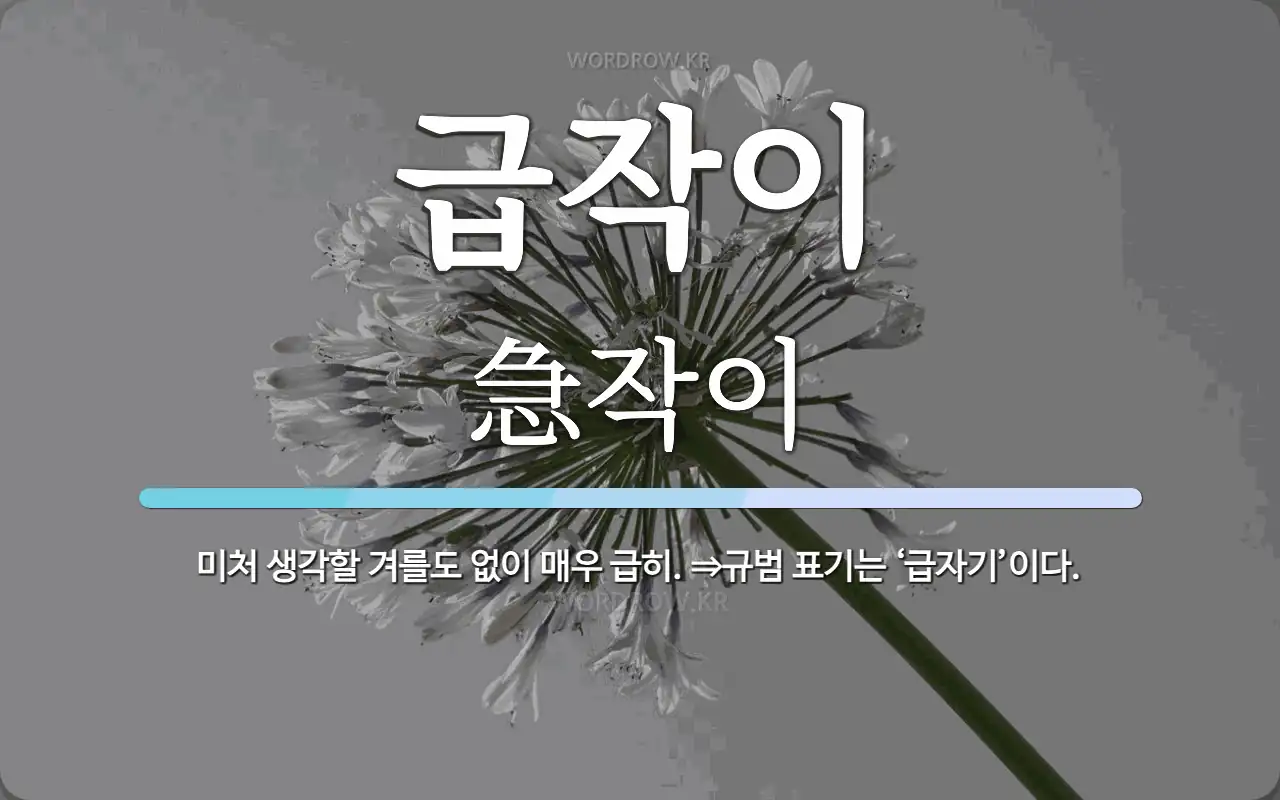 급작이 뜻 미처 생각할 겨를도 없이 매우 급히 ⇒규범 표기는 ‘급자기이다