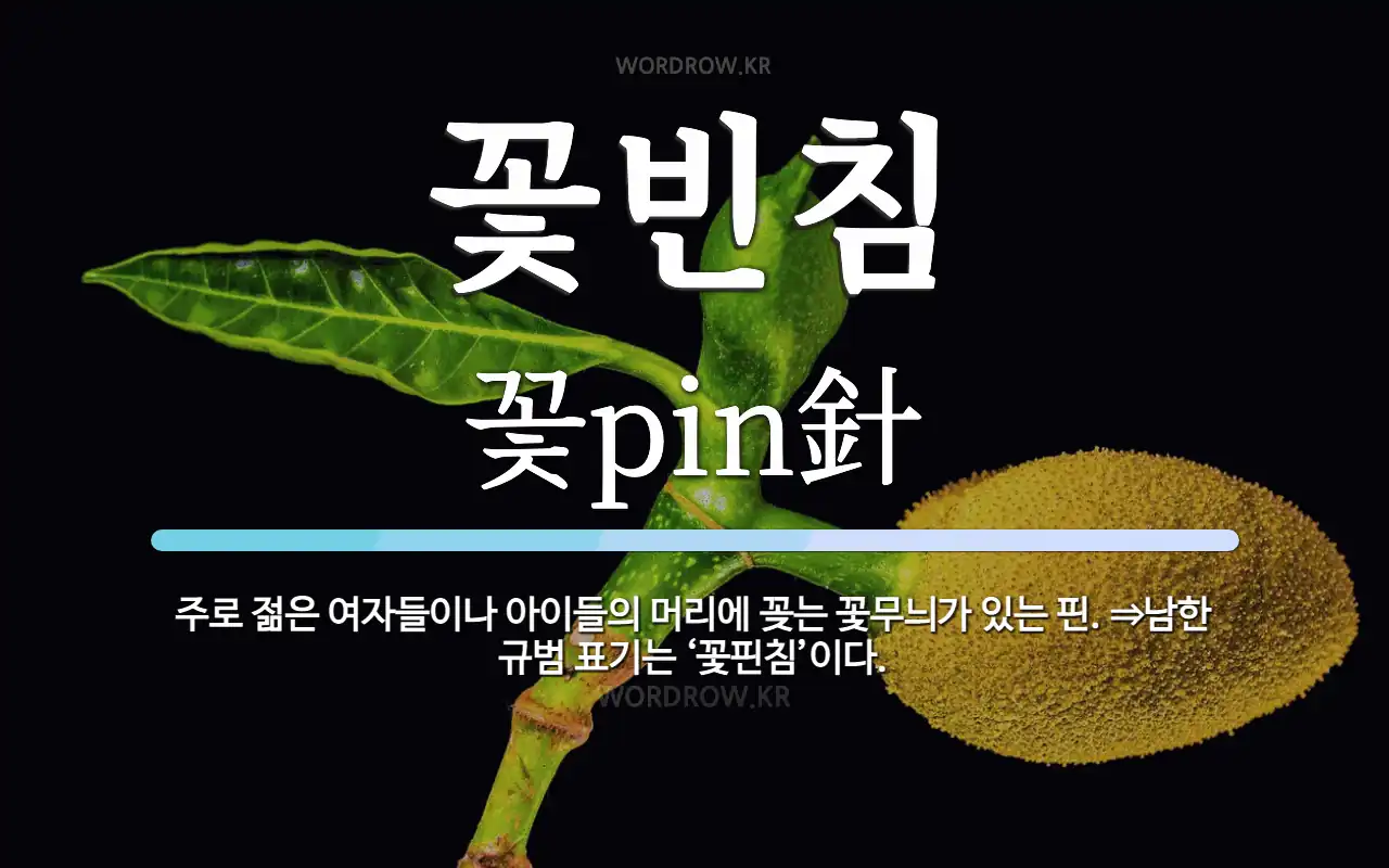 꽃빈침 뜻 주로 젊은 여자들이나 아이들의 머리에 꽂는 꽃무늬가 있는 핀 ⇒남한 규범 표기는 ‘꽃핀침