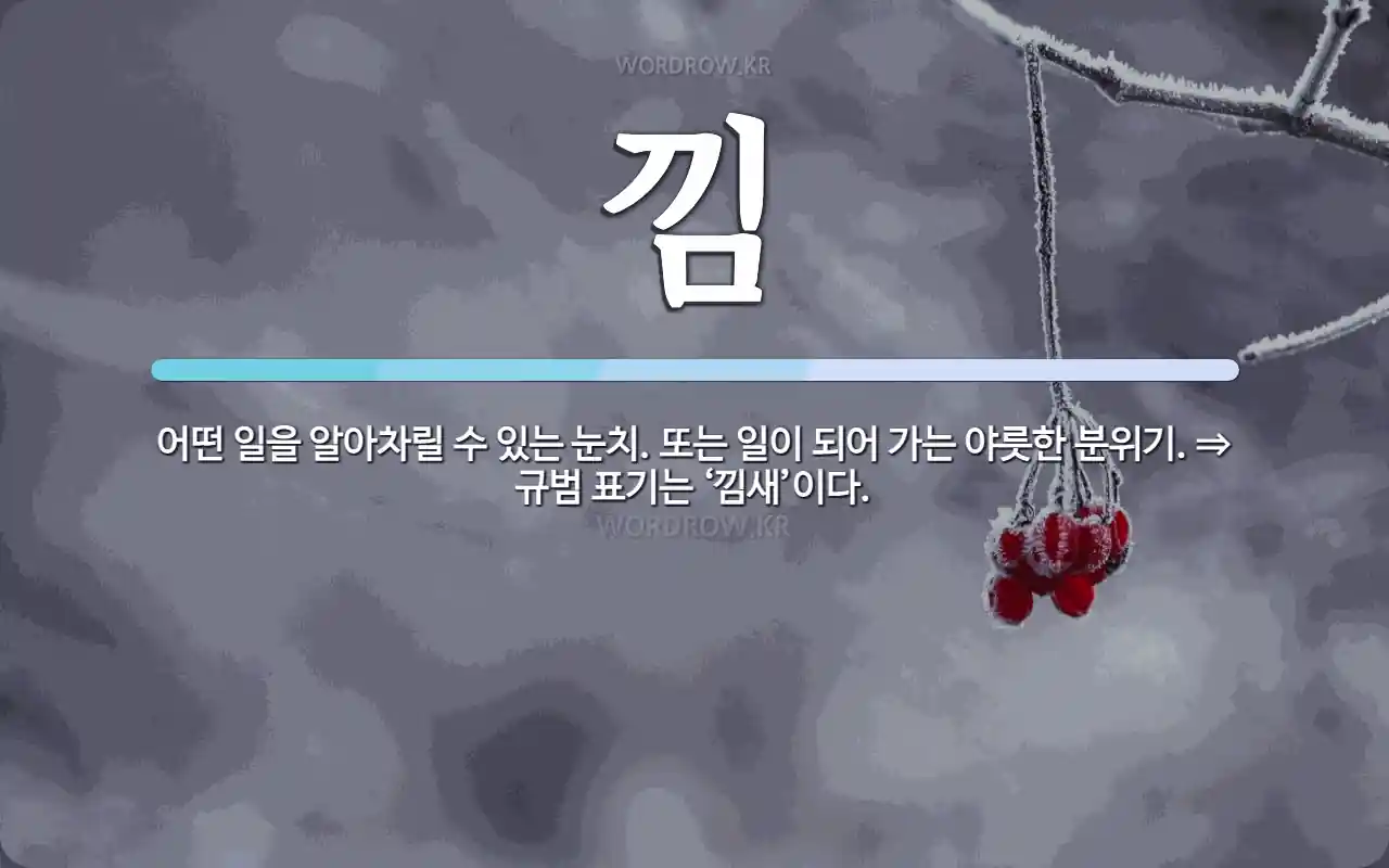 낌 뜻 어떤 일을 알아차릴 수 있는 눈치 또는 일이 되어 가는 야릇한 분위기 ⇒규범 표기는
