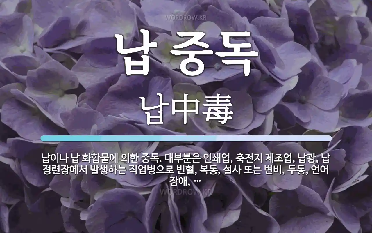 납 중독 뜻 납이나 납 화합물에 의한 중독 대부분은 인쇄업 축전지 제조업 납광 납 정련장에서 발