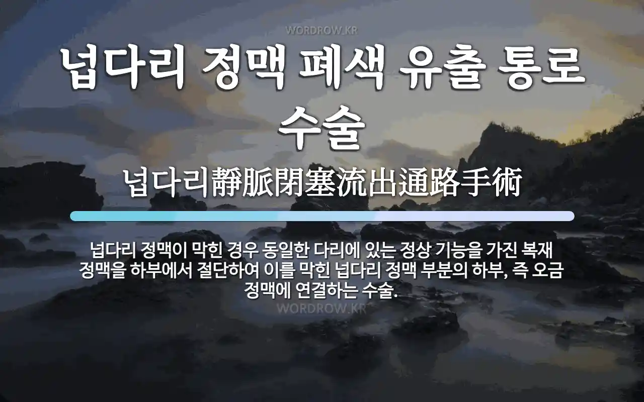 넙다리 정맥 폐색 유출 통로 수술 뜻 넙다리 정맥이 막힌 경우 동일한 다리에 있는 정상 기능을 가진 복재 정맥을 하부에서 절단하