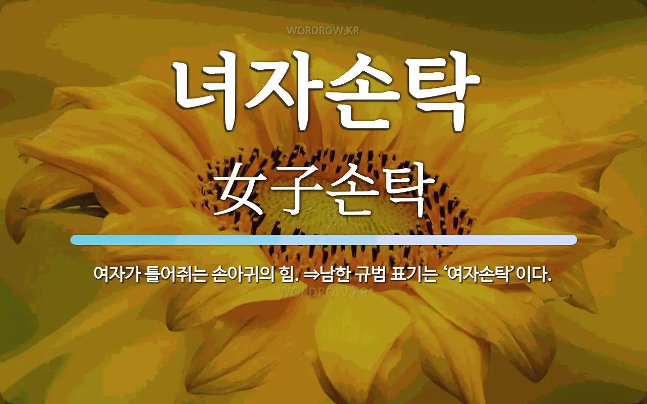 녀자손탁 뜻 여자가 틀어쥐는 손아귀의 힘 ⇒남한 규범 표기는 ‘여자손탁이다