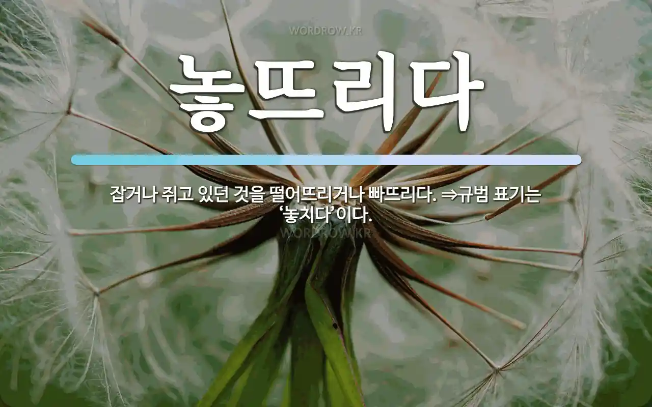 놓뜨리다 뜻 잡거나 쥐고 있던 것을 떨어뜨리거나 빠뜨리다 ⇒규범 표기는 ‘놓치다이다