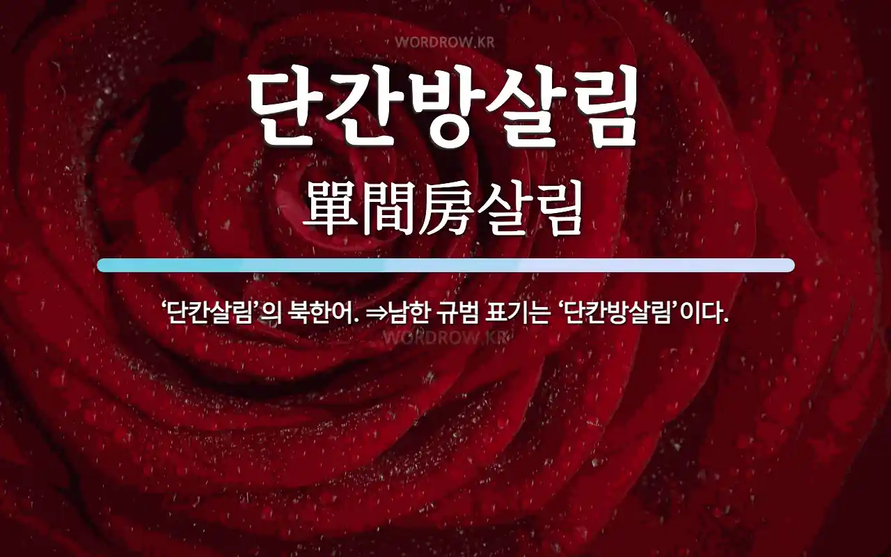 단간방살림 뜻 ‘단칸살림의 북한어 ⇒남한 규범 표기는 ‘단칸방살림이다