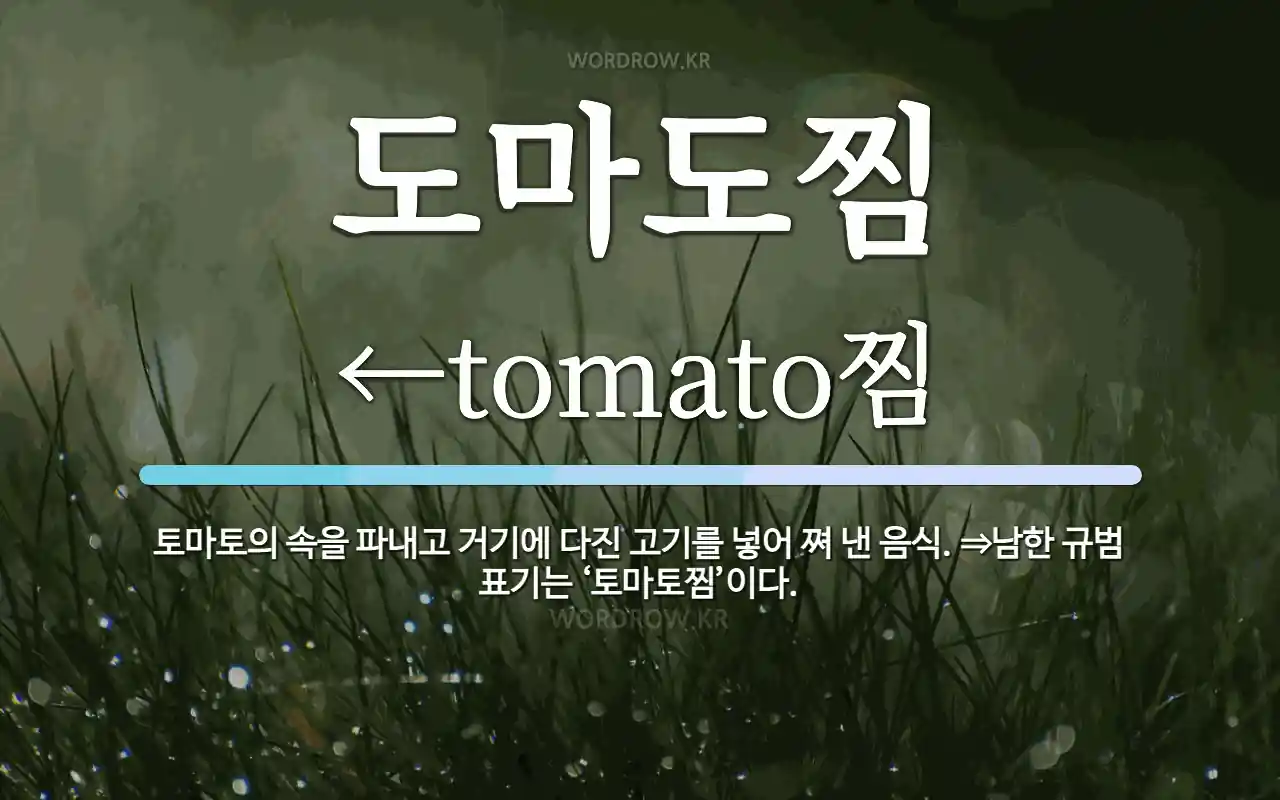 도마도찜 뜻 토마토의 속을 파내고 거기에 다진 고기를 넣어 쪄 낸 음식 ⇒남한 규범 표기는 ‘토마토찜