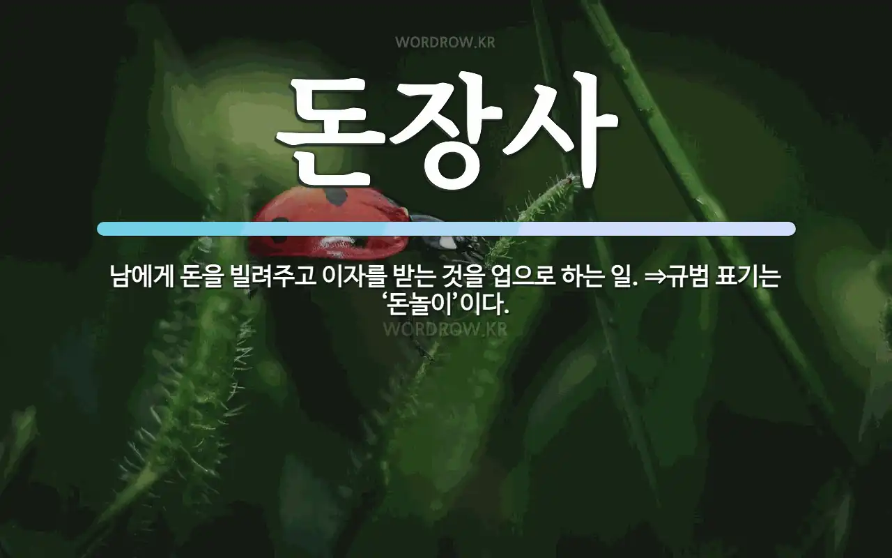 돈장사 뜻 남에게 돈을 빌려주고 이자를 받는 것을 업으로 하는 일 ⇒규범 표기는 ‘돈놀이이다