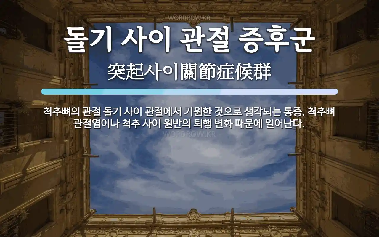 돌기 사이 관절 증후군 뜻 척추뼈의 관절 돌기 사이 관절에서 기원한 것으로 생각되는 통증 척추뼈 관절염이나 척추 사