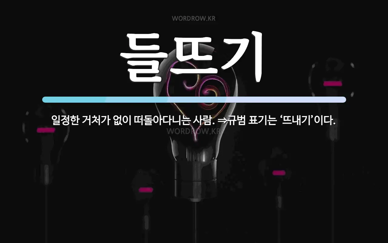 들뜨기 뜻 일정한 거처가 없이 떠돌아다니는 사람 ⇒규범 표기는 ‘뜨내기이다