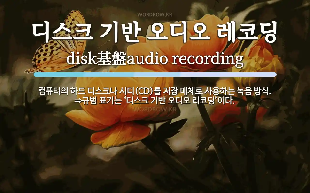 디스크 기반 오디오 레코딩 뜻 컴퓨터의 하드 디스크나 시디cd를 저장 매체로 사용하는 녹음 방식 ⇒규범 표기는 ‘디