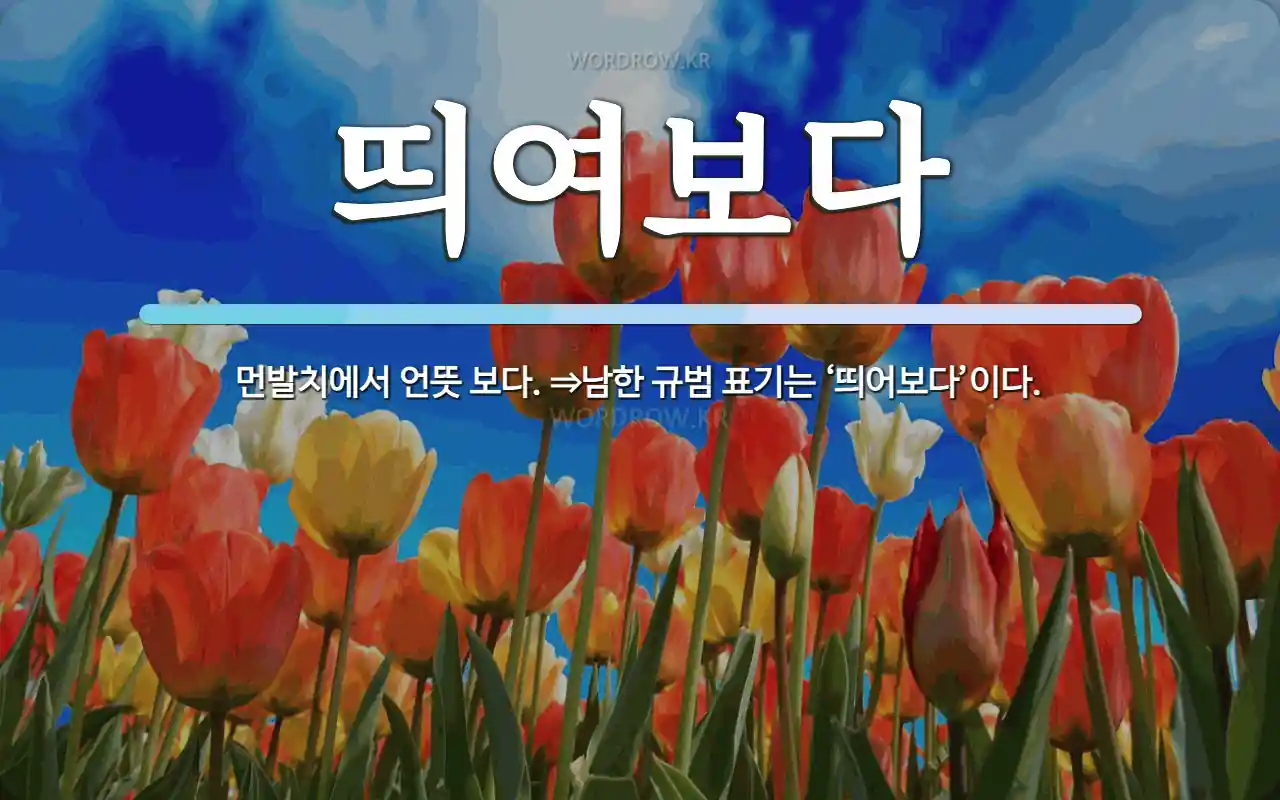 띄여보다 뜻 먼발치에서 언뜻 보다 ⇒남한 규범 표기는 ‘띄어보다이다