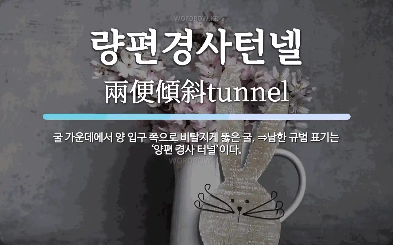 량편경사턴넬 뜻 굴 가운데에서 양 입구 쪽으로 비탈지게 뚫은 굴 ⇒남한 규범 표기는 ‘양편 경사 터널이