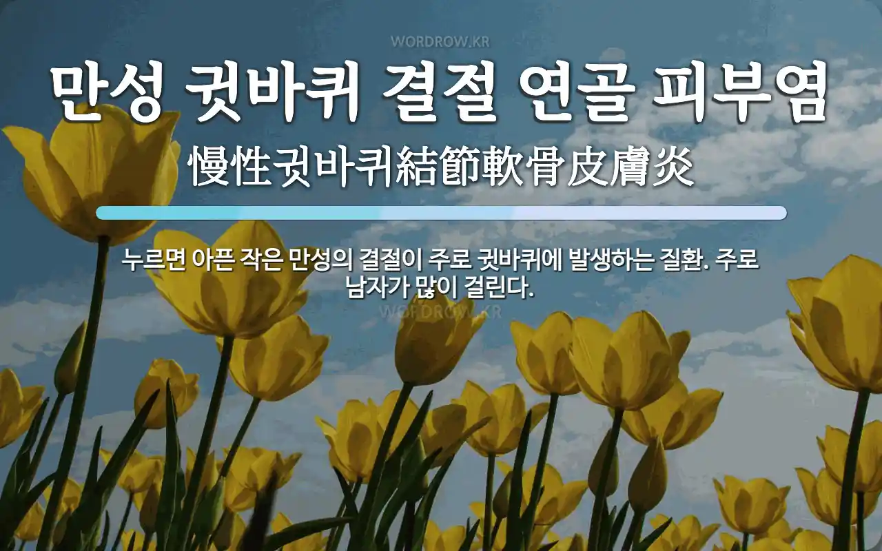 만성 귓바퀴 결절 연골 피부염 뜻 누르면 아픈 작은 만성의 결절이 주로 귓바퀴에 발생하는 질환 주로 남자가 많이 걸린다