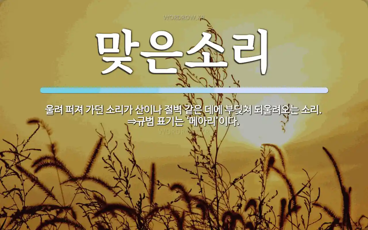 맞은소리 뜻 울려 퍼져 가던 소리가 산이나 절벽 같은 데에 부딪쳐 되울려오는 소리 ⇒규범 표기는 ‘메