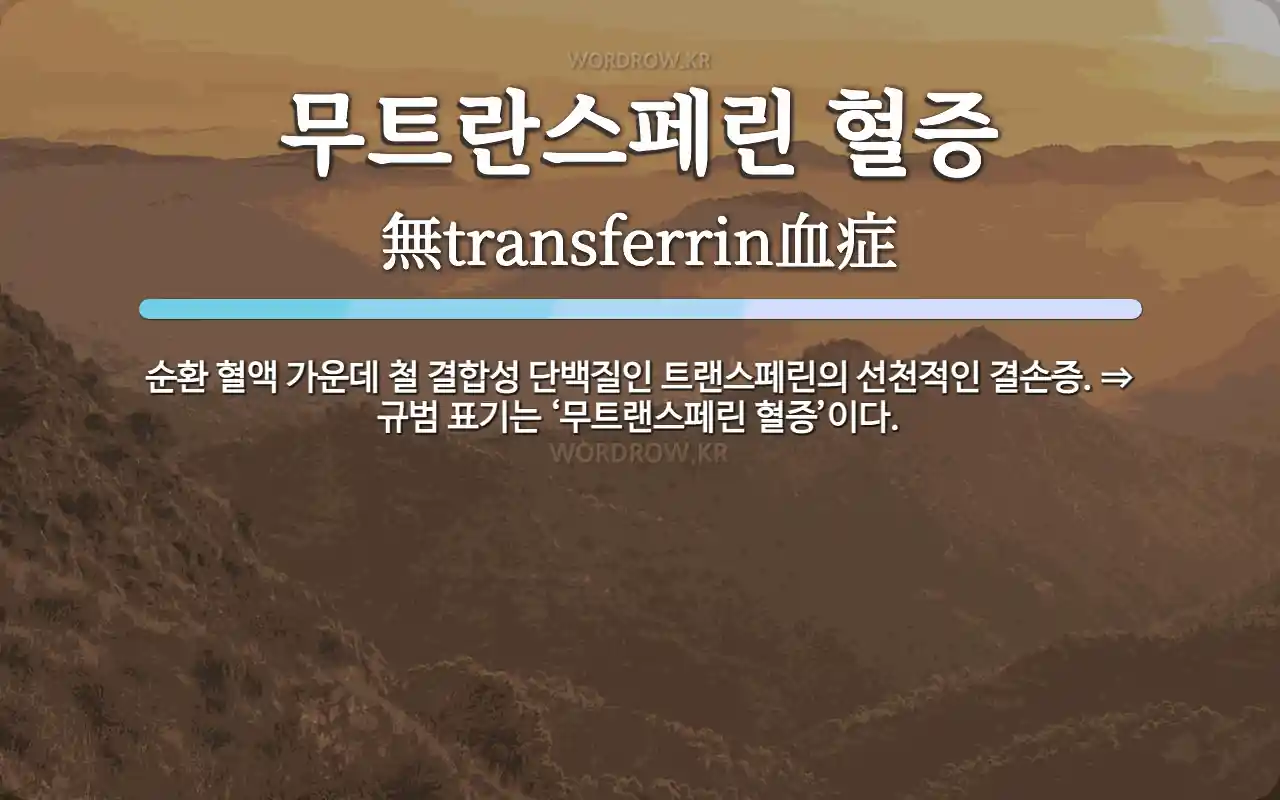 무트란스페린 혈증 뜻 순환 혈액 가운데 철 결합성 단백질인 트랜스페린의 선천적인 결손증 ⇒규범 표기는 ‘무트랜