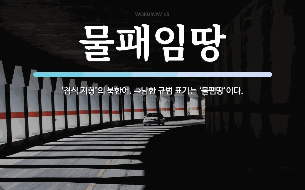물패임땅 뜻 ‘침식 지형의 북한어 ⇒남한 규범 표기는 ‘물팸땅이다