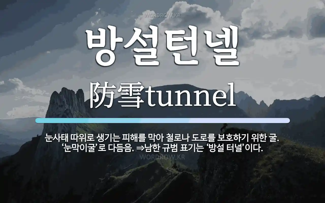 방설턴넬 뜻 눈사태 따위로 생기는 피해를 막아 철로나 도로를 보호하기 위한 굴 ‘눈막이굴로 다듬음