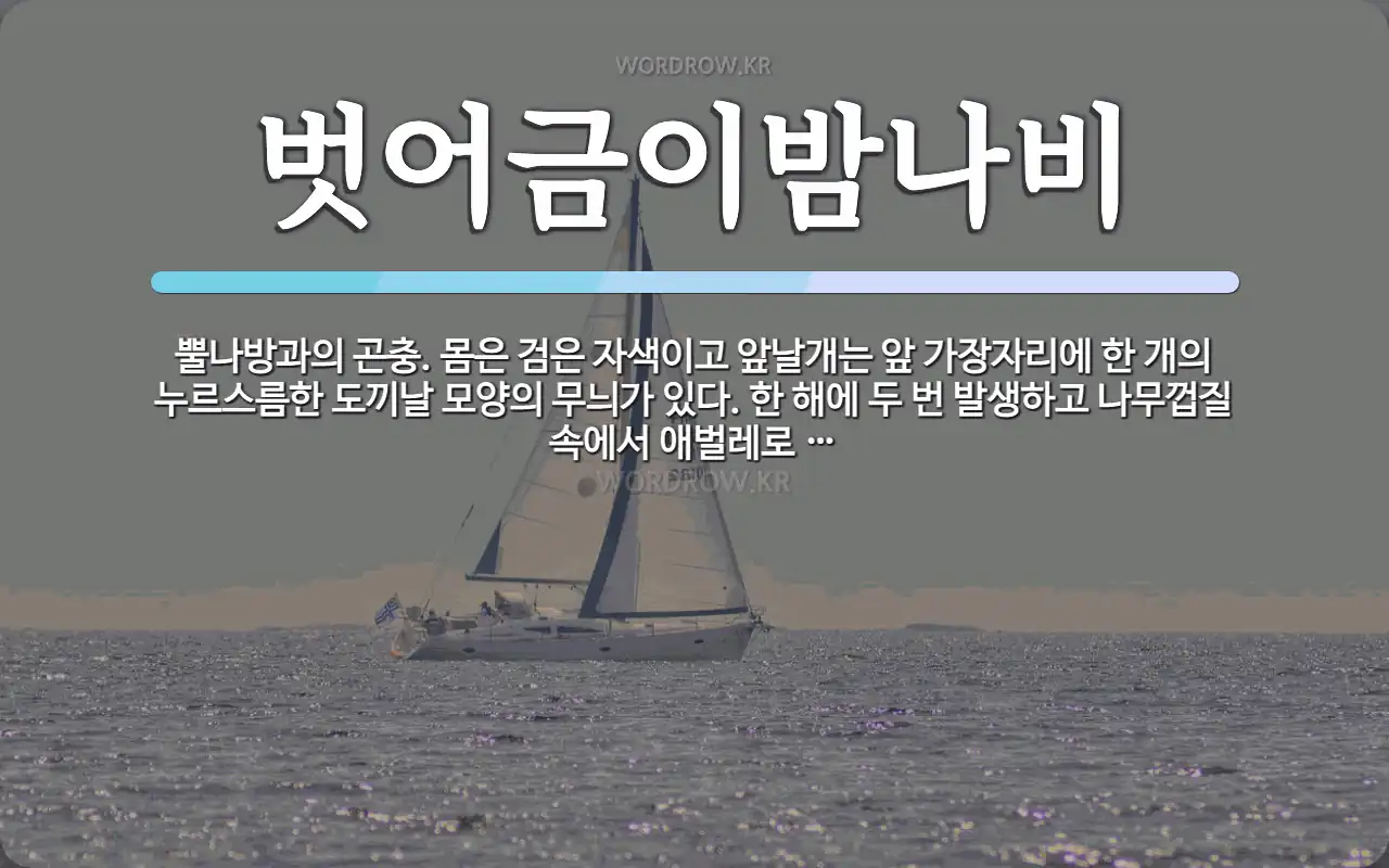 벗어금이밤나비 뜻 뿔나방과의 곤충 몸은 검은 자색이고 앞날개는 앞 가장자리에 한 개의 누르스름한 도끼날 모