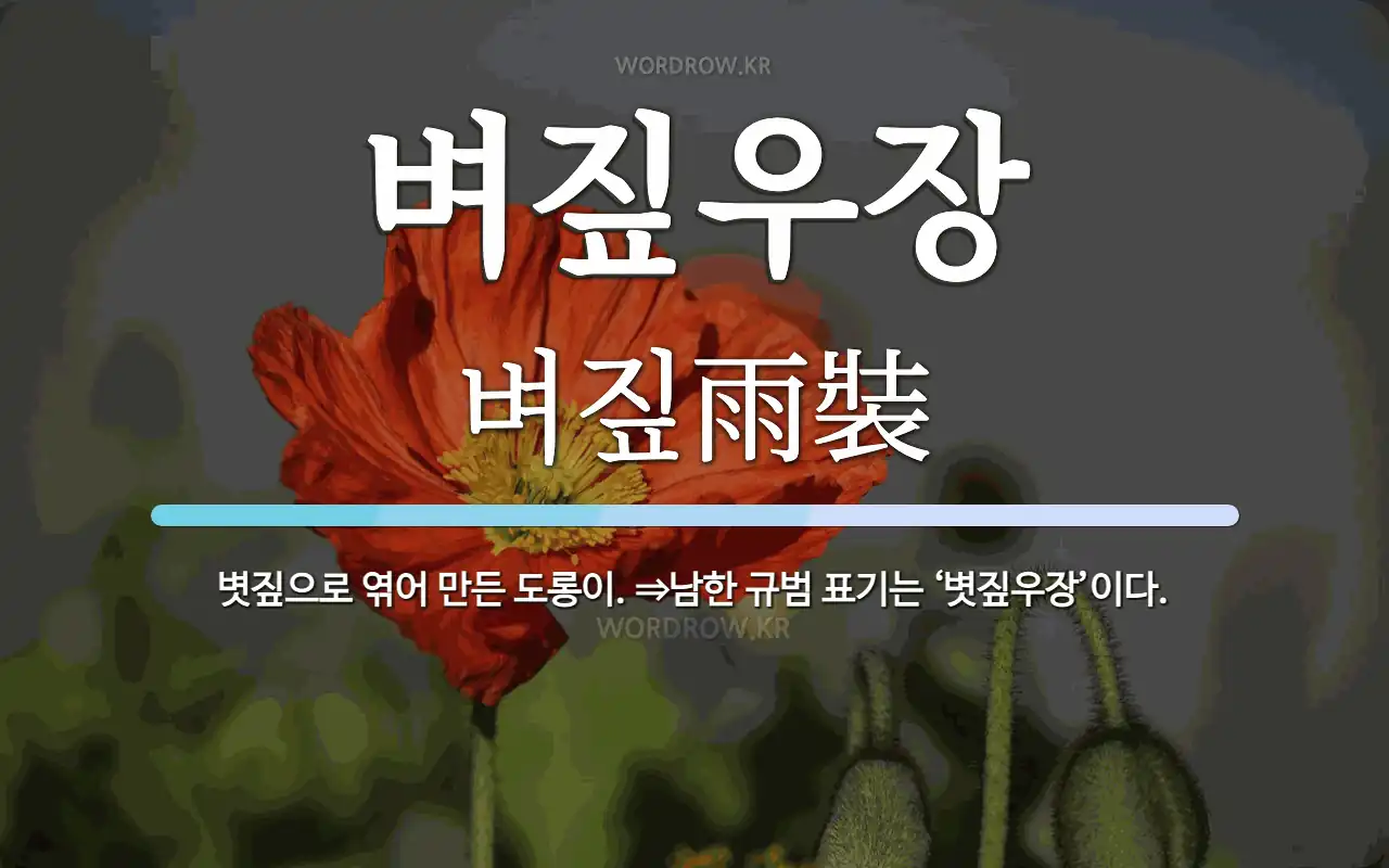 벼짚우장 뜻 볏짚으로 엮어 만든 도롱이 ⇒남한 규범 표기는 ‘볏짚우장이다