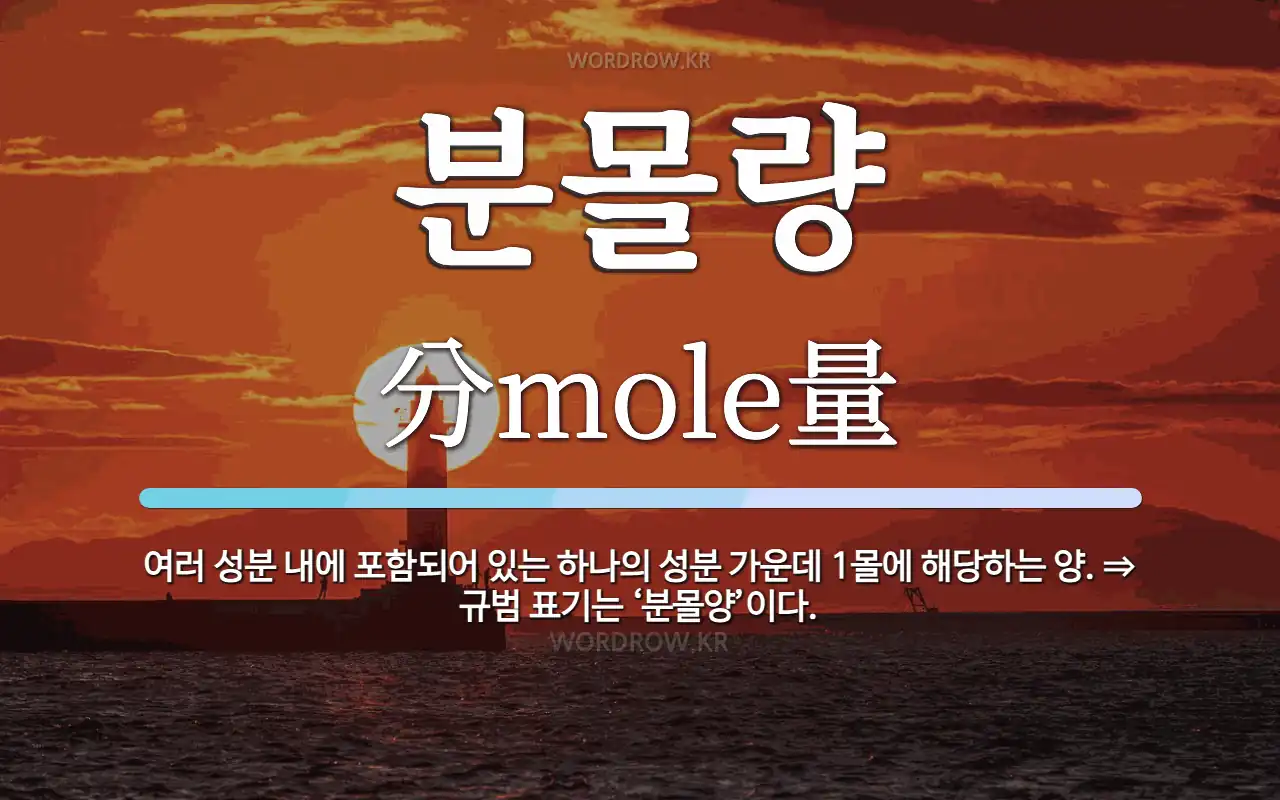 분몰량 뜻 여러 성분 내에 포함되어 있는 하나의 성분 가운데 1몰에 해당하는 양 ⇒규범 표기는 ‘분