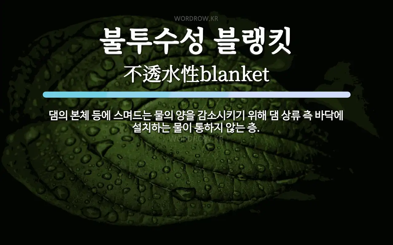 불투수성 블랭킷 뜻 댐의 본체 등에 스며드는 물의 양을 감소시키기 위해 댐 상류 측 바닥에 설치하는 물이 통하