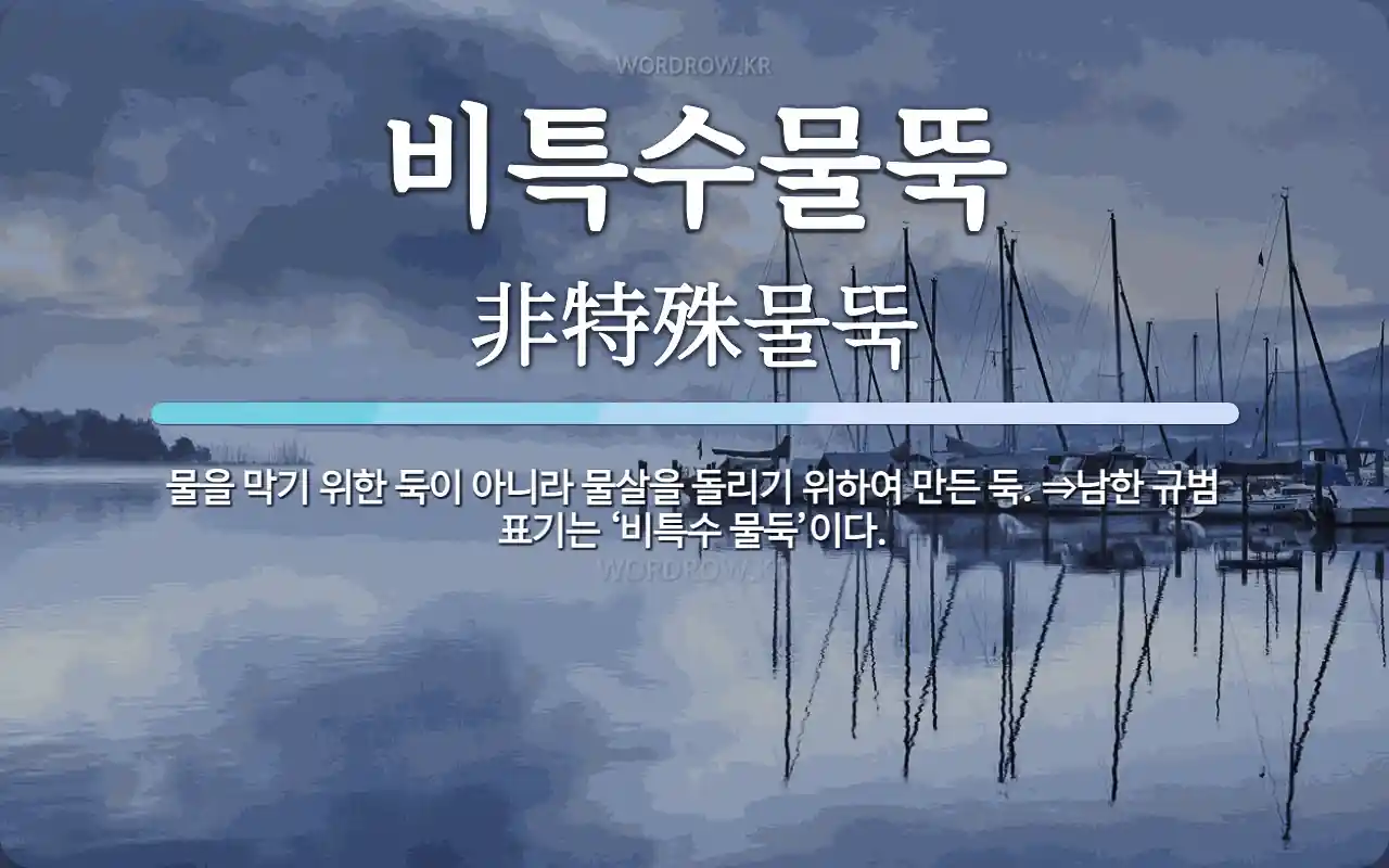 비특수물뚝 뜻 물을 막기 위한 둑이 아니라 물살을 돌리기 위하여 만든 둑 ⇒남한 규범 표기는 ‘비특수