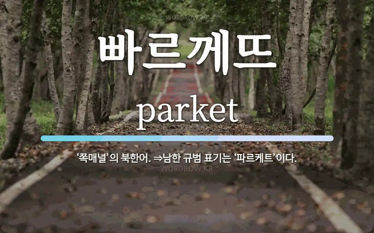 빠르께뜨 뜻 ‘쪽매널의 북한어 ⇒남한 규범 표기는 ‘파르케트이다