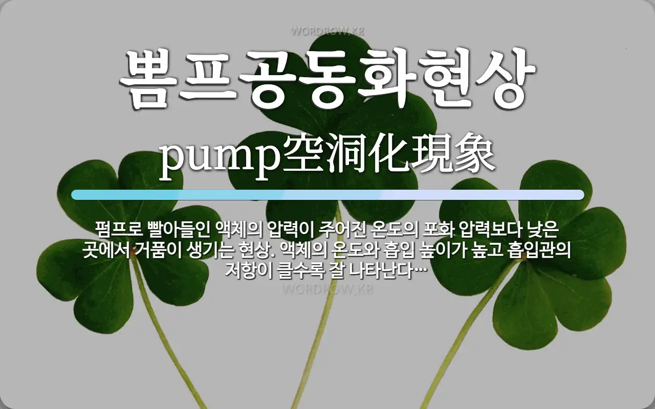 뽐프공동화현상 뜻 펌프로 빨아들인 액체의 압력이 주어진 온도의 포화 압력보다 낮은 곳에서 거품이 생기는 현상