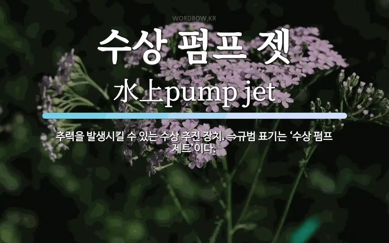 수상 펌프 젯 뜻 추력을 발생시킬 수 있는 수상 추진 장치 ⇒규범 표기는 ‘수상 펌프 제트이다