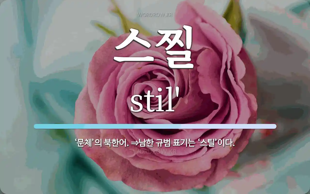 스찔 뜻 ‘문체의 북한어 ⇒남한 규범 표기는 ‘스틸이다