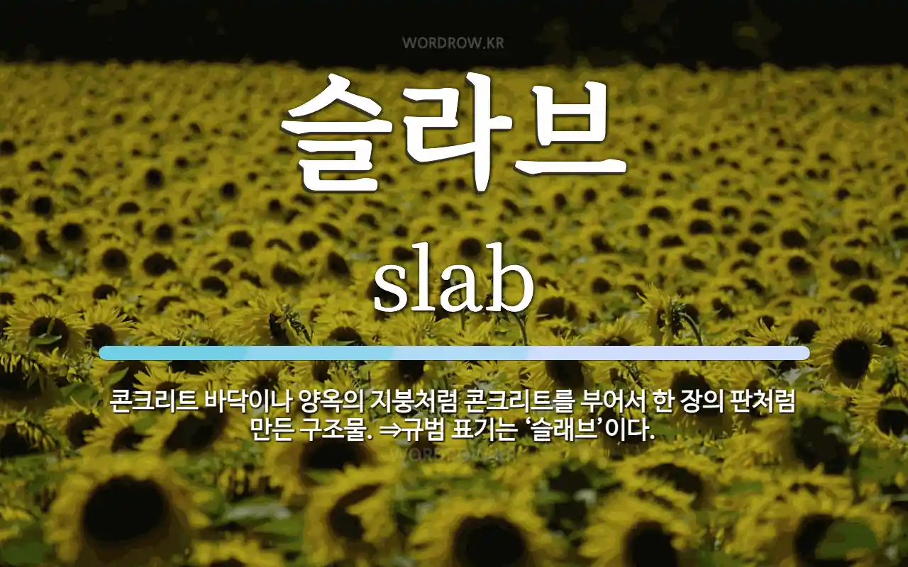 슬라브 뜻 콘크리트 바닥이나 양옥의 지붕처럼 콘크리트를 부어서 한 장의 판처럼 만든 구조물 ⇒규범