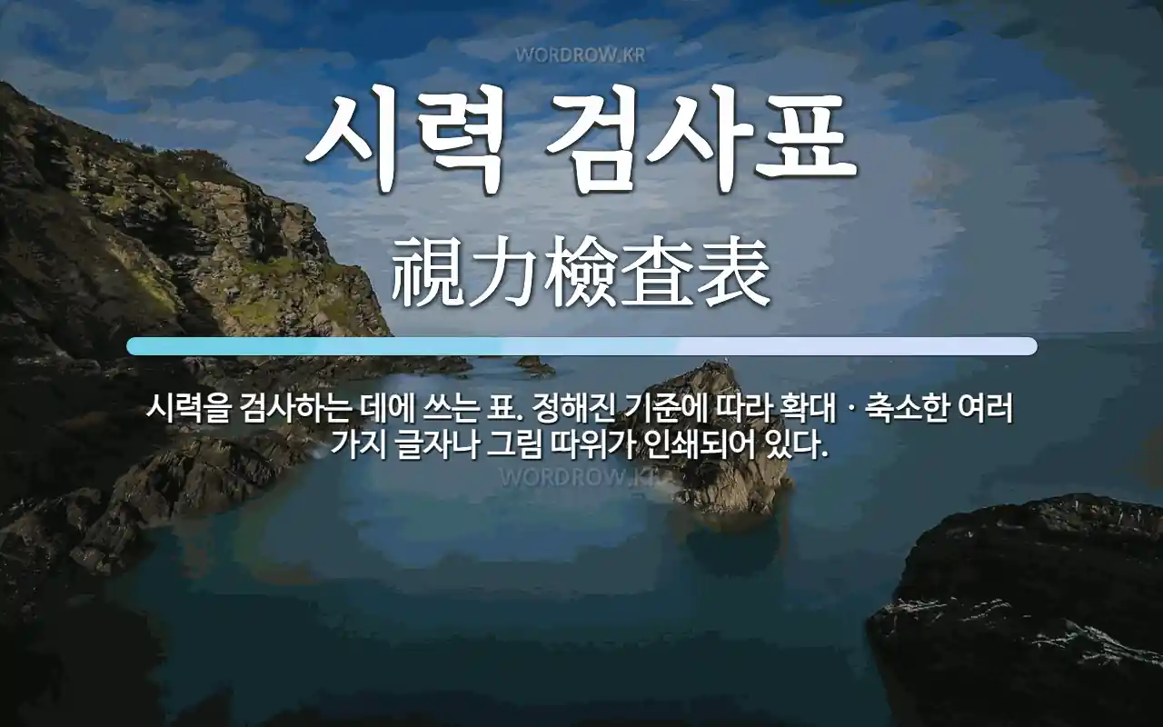 시력 검사표 뜻 시력을 검사하는 데에 쓰는 표 정해진 기준에 따라 확대ㆍ축소한 여러 가지 글자나 그림 따