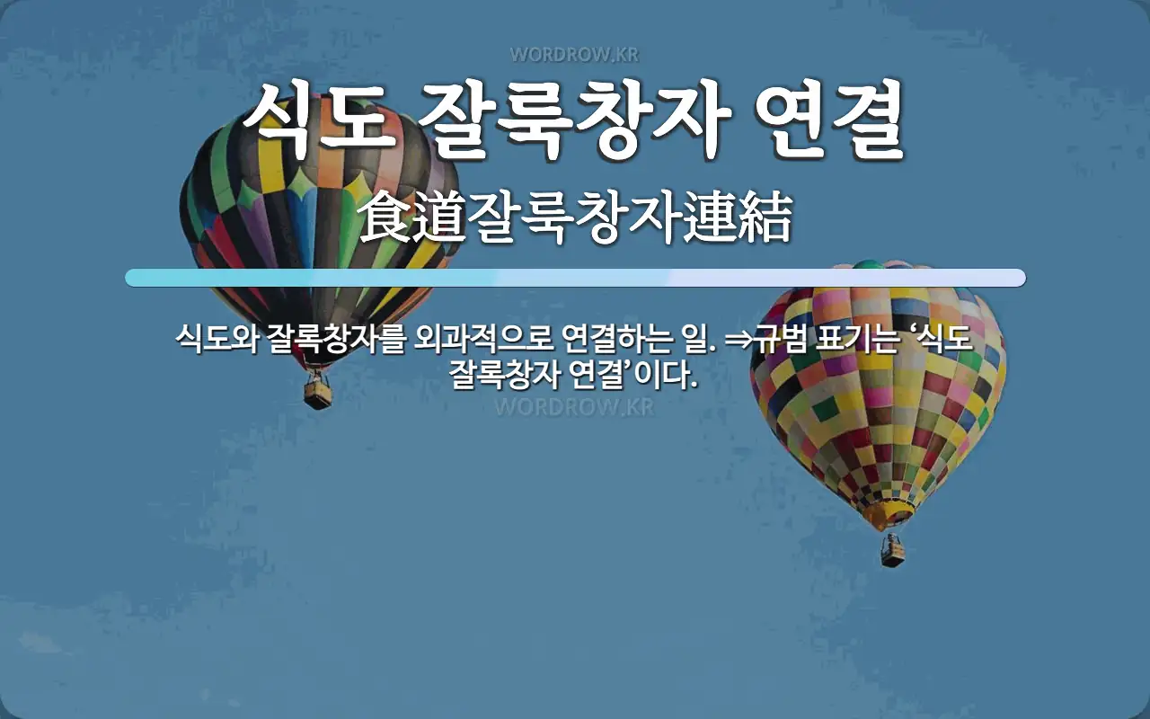 식도 잘룩창자 연결 뜻 식도와 잘록창자를 외과적으로 연결하는 일 ⇒규범 표기는 ‘식도 잘록창자 연결이다