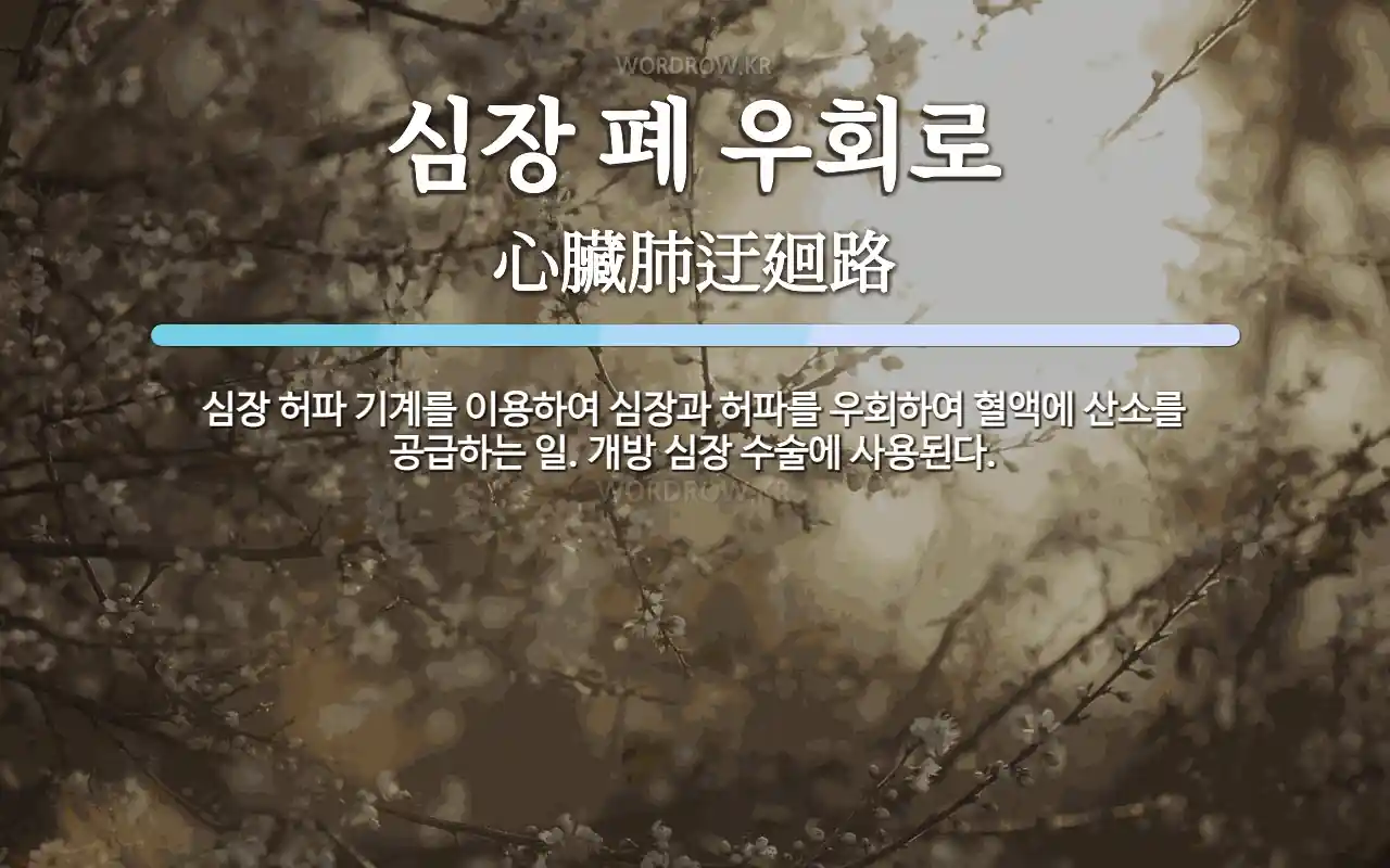 심장 폐 우회로 뜻 심장 허파 기계를 이용하여 심장과 허파를 우회하여 혈액에 산소를 공급하는 일 개방 심장