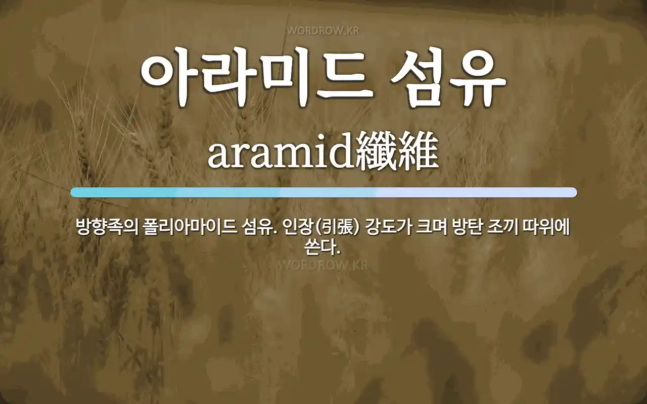 아라미드 섬유 뜻 방향족의 폴리아마이드 섬유 인장引張 강도가 크며 방탄 조끼 따위에 쓴다