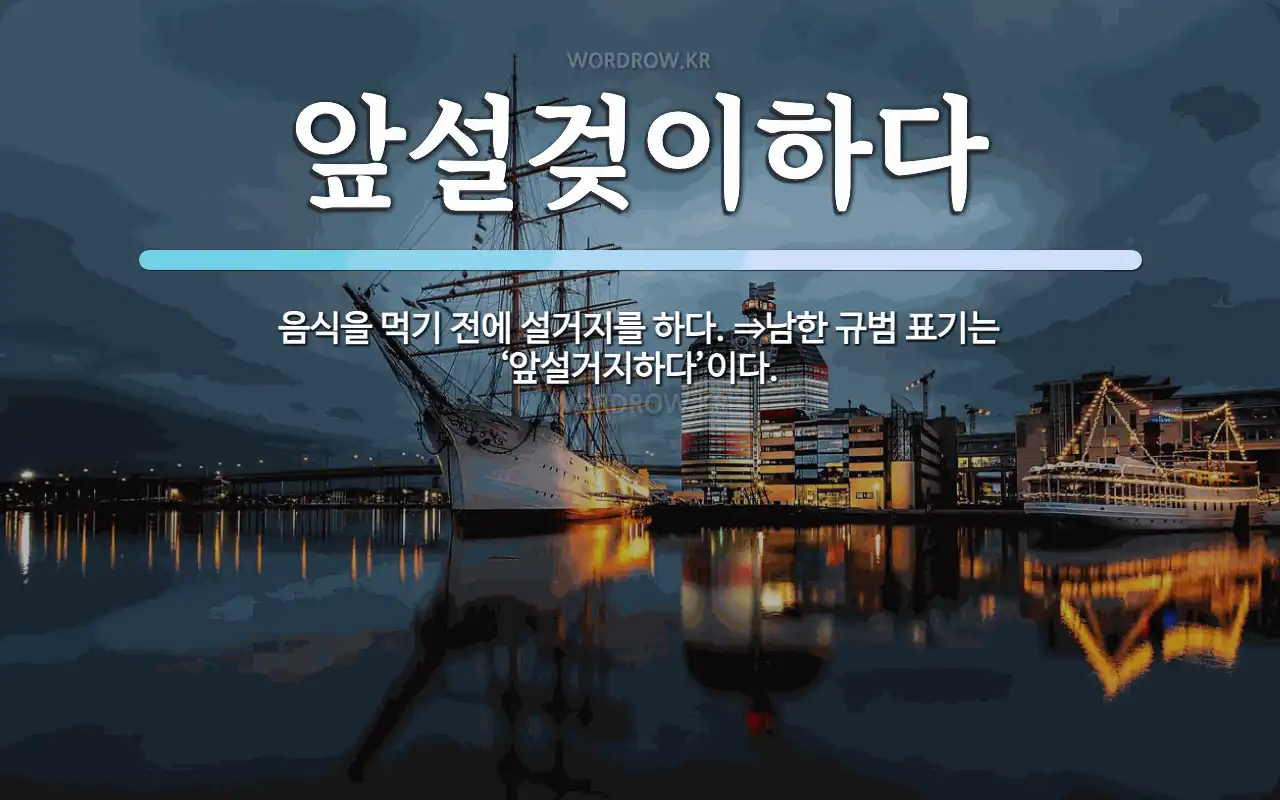 앞설겆이하다 뜻 음식을 먹기 전에 설거지를 하다 ⇒남한 규범 표기는 ‘앞설거지하다이다