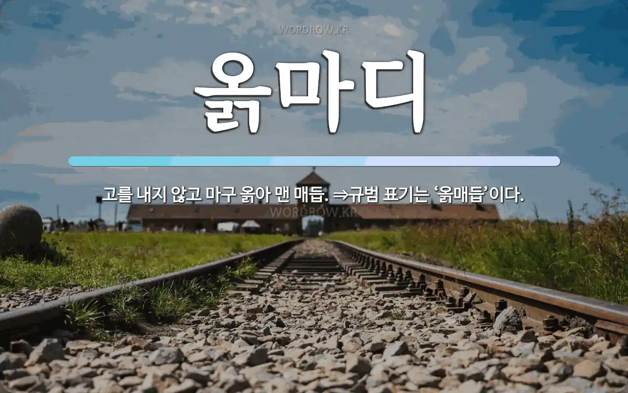 옭마디 뜻 고를 내지 않고 마구 옭아 맨 매듭 ⇒규범 표기는 ‘옭매듭이다
