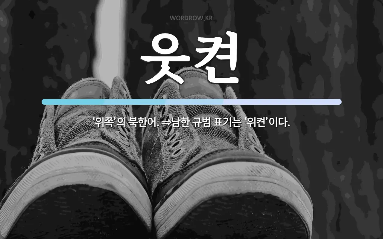 웃켠 뜻 ‘위쪽의 북한어 ⇒남한 규범 표기는 ‘위켠이다